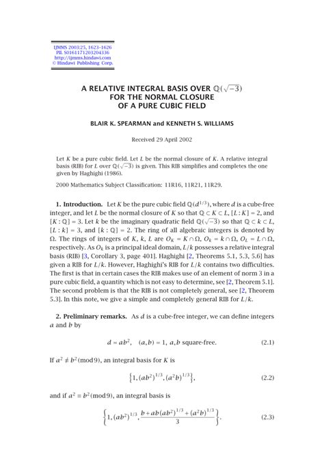 pdf a relative integral basis over Ã¢Â„Âš Ã¢ÂˆÂ 3 for the normal