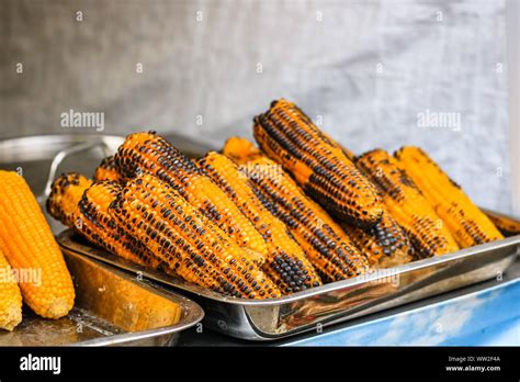 Grilled Roasted Sweet Corn Ready To Sell At A Street Food Festival