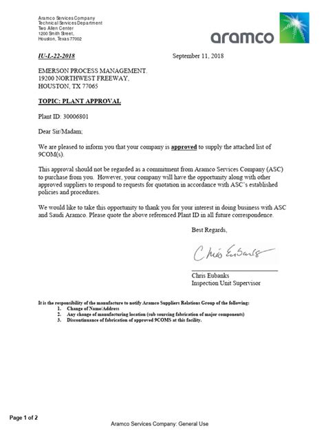 Approval Aramco 9com Approval Letter Houston Bettis En 202308 Pdf