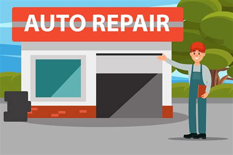 자동차 수리 자동차 서비스 센터 균일 하 고 환영 제스처 평면 벡터 일러스트 레이 션에 역학 날씨에 대한 스톡 벡터 아트 및