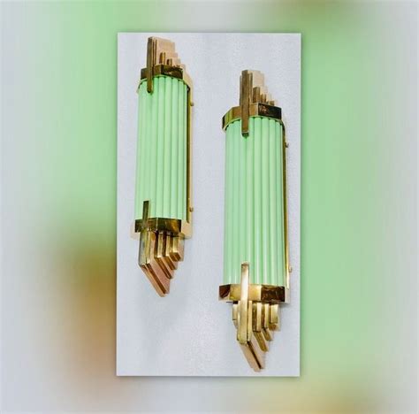 Pair Of Antique Vintage Art Deco Brass And Opaline Green Glass Rod Ship