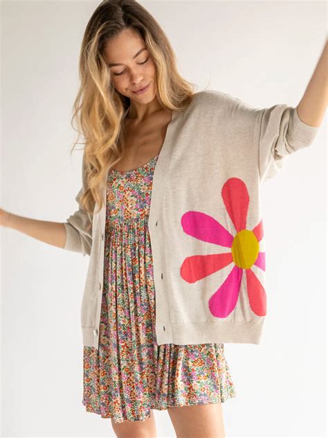 Live Happy Cotton Cardigan Sweater Cream Daisy Natural Life