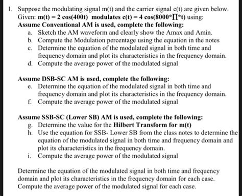 solved 1 suppose the modulating signal m t and the carrier