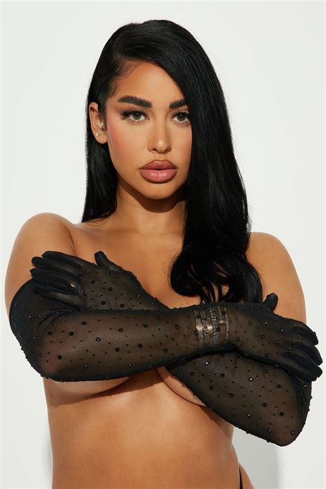 What A Night Rhinestone Long Gloves Blackblack Fashion Nova