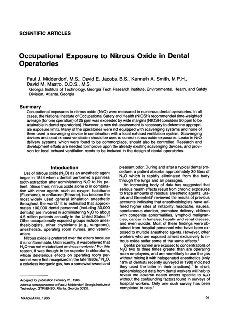 Pdf Occupational Exposure To Nitrous Oxide In Dental Operatories