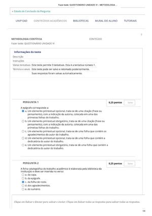Questionário Unidade II Metodologia UNIP Tecnologias da Informação