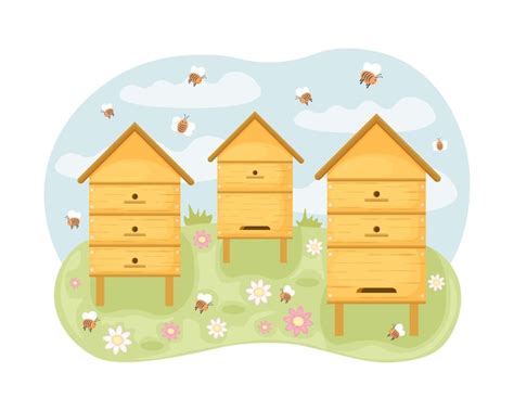 Premium Vector Beehives With Bees In A Clearing Spring Illustration
