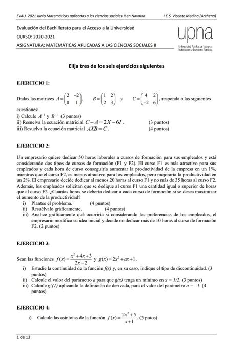 EvAU Matemáticas Navarra Exámenes y Soluciones 2024