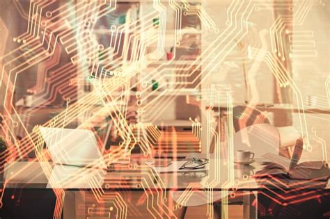 Premium Photo Double Exposure Of Tech Theme Drawings And Office Interior Background Technology