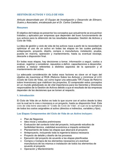 Gestión De Activos Y Ciclo De Vida Pdf Evaluación Del Ciclo De Vida