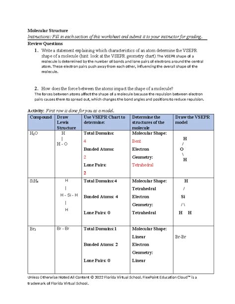 3 5 Molecular Structure Worksheet Molecular Structure Instructions