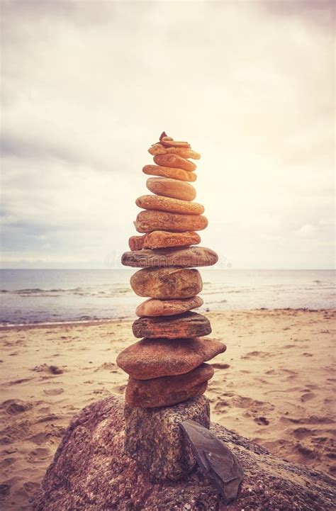 Stone Stack Pyramid On A Beach Zen Harmony And Balance Concept Color