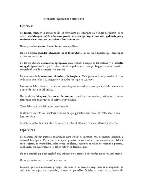 Normas De Seguridad En El Laboratorio Pdf Laboratorios Química