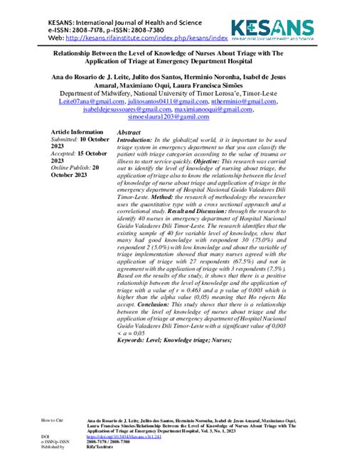 Pdf Relationship Between The Level Of Knowledge Of Nurses About Triage With The Application Of