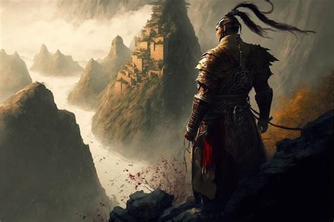 Premium AI Image View Of A Man Standing On Mountain Top Generative Ai