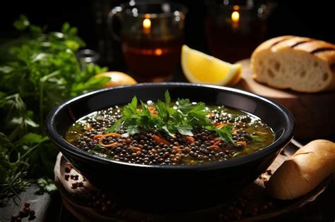 Premium Photo A Bowl Of Lentil Soup On Black Wooden Table