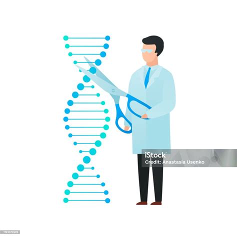 유행 플랫 과학자 캐릭터 벡터 그림입니다 흰색에 고립 된 가위로 Dna 분자를 절단 만화 남성 생물학 및 유전자 변형의 개념
