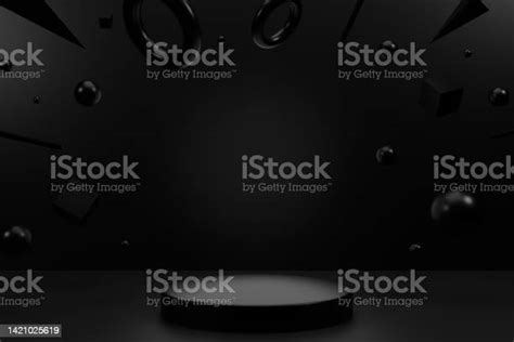 빈 연단과 기하학적 모양이있는 검은 색 배경 제품 프리젠 테이션을위한 템플릿 3d 렌더링 3d 그림 0명에 대한 스톡 사진 및