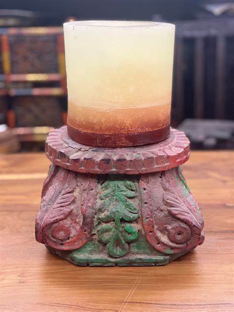 Indian Old Wood Pillar Candle Holder