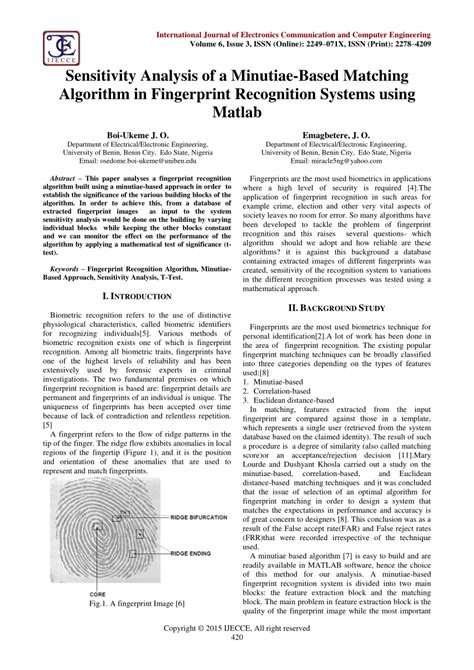 Pdf Sensitivity Analysis Of A Minutiae Based Matching Algorithm In