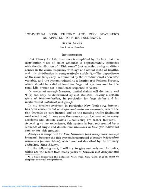 Individual Risk Theory And Risk Statistics As Applied To Fire Insurance