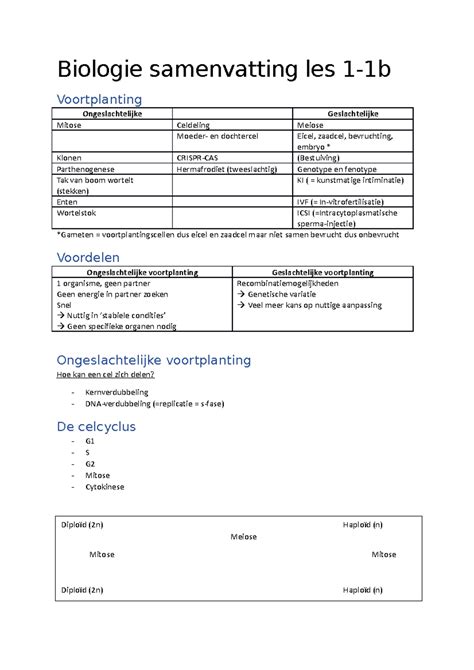 Biologie 1 1b Samenvatting Tijdens De Les Notities Biologie
