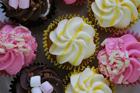 작은 수제 컵 케이크 미니 머핀 꽃 소용돌이 마시멜로 핑크 딸기 노란색 레몬 애프터눈 티 어린이 생일 파티 음식 뷔페라운드 화이트 플레이트에 코코아 초콜릿 착빙 케이크로