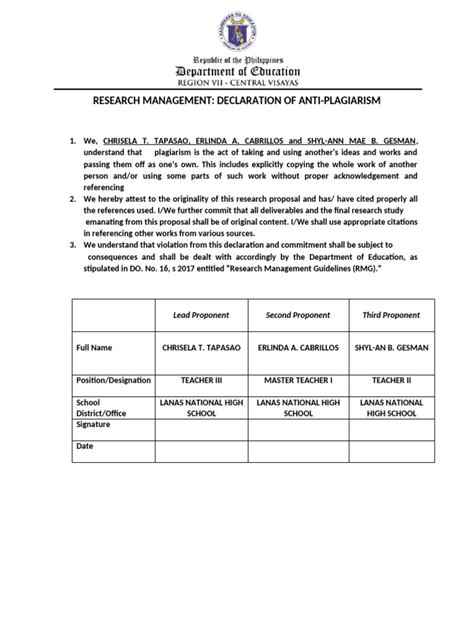 Anti Plagiarism Declaration For Research Pdf