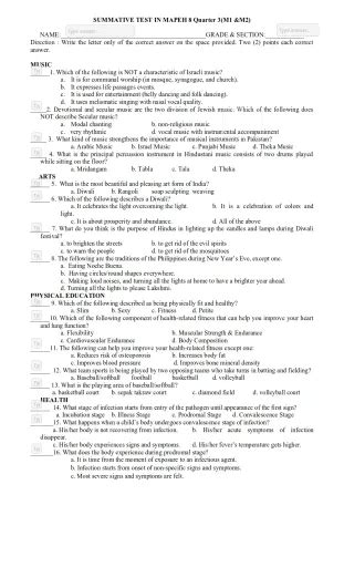 Summative Test In Mapeh 8 Q3 M1 2 Interactive Worksheet Edform