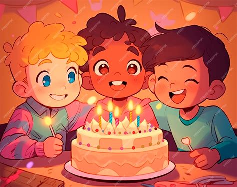생일파티를 축하하는 만화 사람들 Ai 생성 이미지