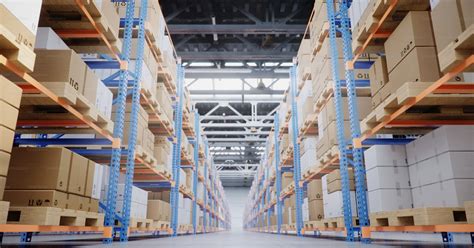 팔레트 랙 물류 센터에 골판지 상자가 있는 창고 거대하고 큰 현대 창고 선반에 골판지 상자로 채워진 창고 상자는 팔레트 위에 서 있습니다 3d 그림 사진