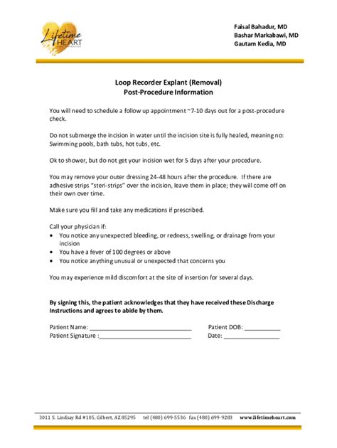 Fillable Online Loop Recorder Explant Removal Post Procedure Fax