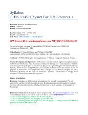 397026726 PHYS1145 Syllabus Pdf Syllabus PHYS 1145 Physics For Life Sciences 1 Lecturer