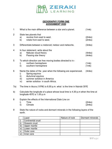Geography Form One Assignment 2020 Pdf