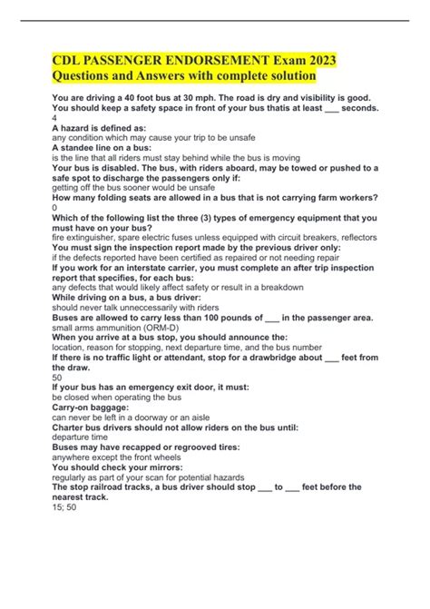Cdl Passenger Endorsement Exam 2023 Questions And Answers With Complete