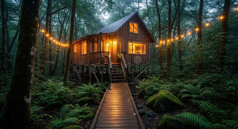 Cozy Wooden Cabin In A Lush Forest Illuminated By String Lights At Dusk