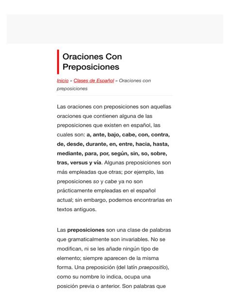 Oraciones Con Preposiciones Pdf Preposición Y Postposición