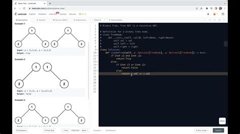 leetcode 100 same tree recursion youtube
