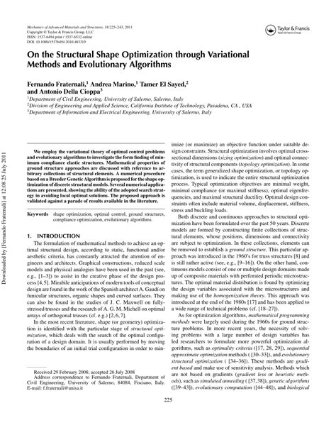 Pdf On The Structural Shape Optimization Through Variational Methods And Evolutionary Algorithms