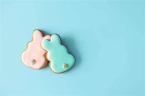 복사 공간이있는 파란색 배경에 두 개의 집에서 만든 부활절 유약 쿠키 토끼 모양 부활절 음식 전통 최고 전망 쿠키에 대한 스톡 사진 및 기타 이미지 Istock