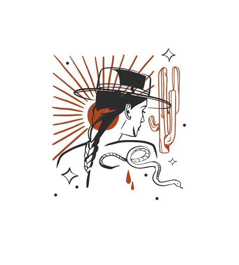 手描きの抽象的なベクトルグラフィッククリップアートイラスト自由奔放に生きる騎乗位の帽子の肖像画西洋の女性のデザインコンセプトボヘミアン野生の西