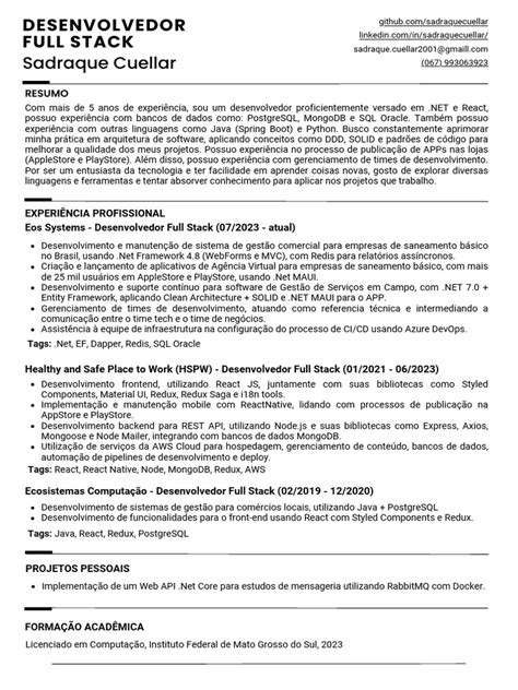 Curriculo Dev Full Stack Sadraque Cuellar Pdf Aplicativo Para