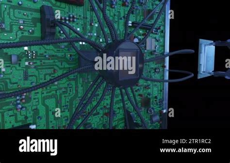 robotic arm installing processor into the circuit board with green signals 3d animation of the