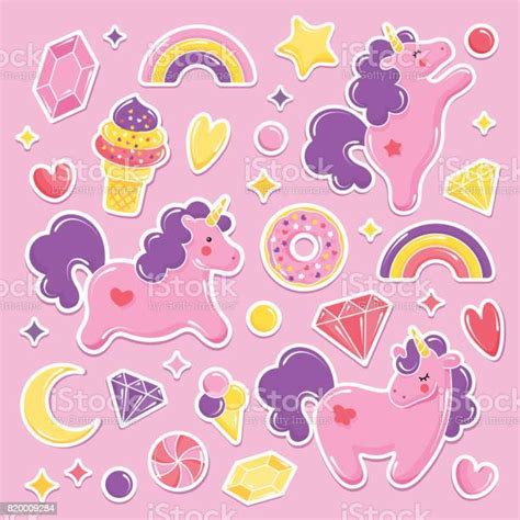 유니콘 귀여운 요소 컬렉션입니다 풍선 세트입니다 유니콘 아이스크림 레인 보우 과자 다이아몬드 벡터 일러스트 레이 션 T 셔츠에