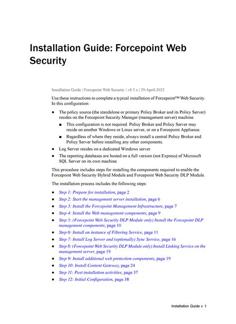 Websec install full - Installation Guide 1 Installation Guide: Forcepoint Web Security - Studocu