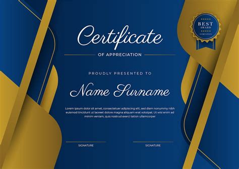 감사장 템플릿 금색과 파란색 금색 배지가 있는 깨끗한 현대 인증서 고급스럽고 현대적인 라인 패턴이 있는 인증서 테두리 템플릿 졸업장 벡터 템플릿 프리미엄 벡터