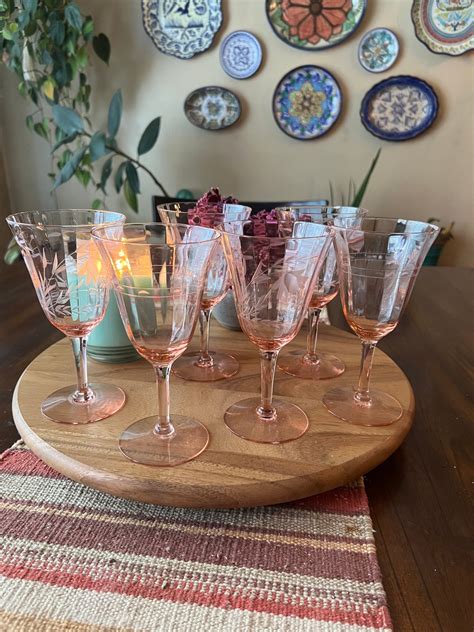 Vintage Etched Pink Depression Glass Stem Glasses Set Of 6 Etsy