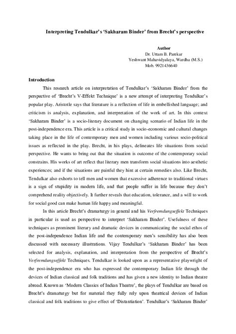 Doc Interpreting Tendulkars Sakharam Binder From Brechts Perspective