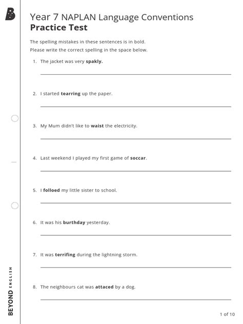 Year 7 Naplan Language Conventions Practice Test Pdf Linguistics