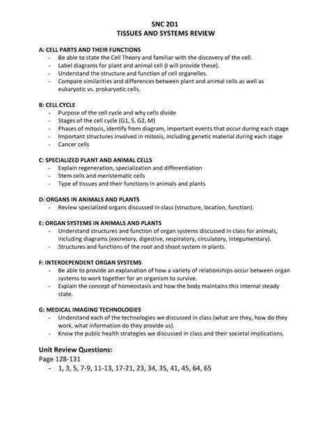 Biology Test Review SNC D TISSUES AND SYSTEMS REVIEW A CELL PARTS AND THEIR FUNCTIONS Be